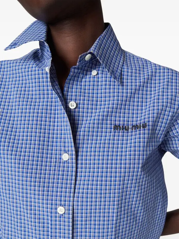 Miu Miu Checked Shirt With Embroidered Logo - Blue