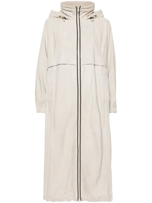 Brunello Cucinelli Suede Hooded Trench Coat