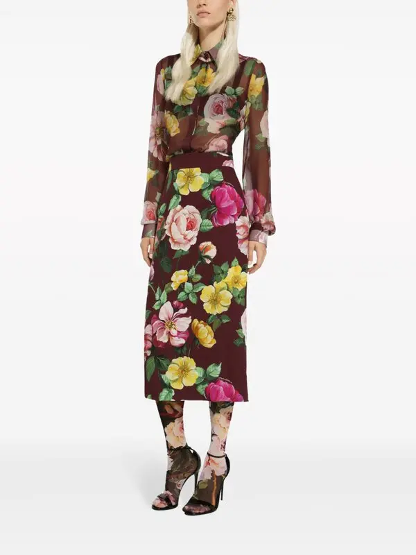 Dolce & Gabbana Camelia-print Silk Blouse - Red