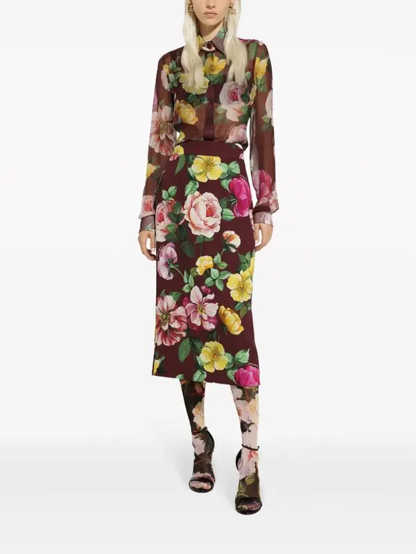Dolce & Gabbana Camelia-print Silk Blouse - Red