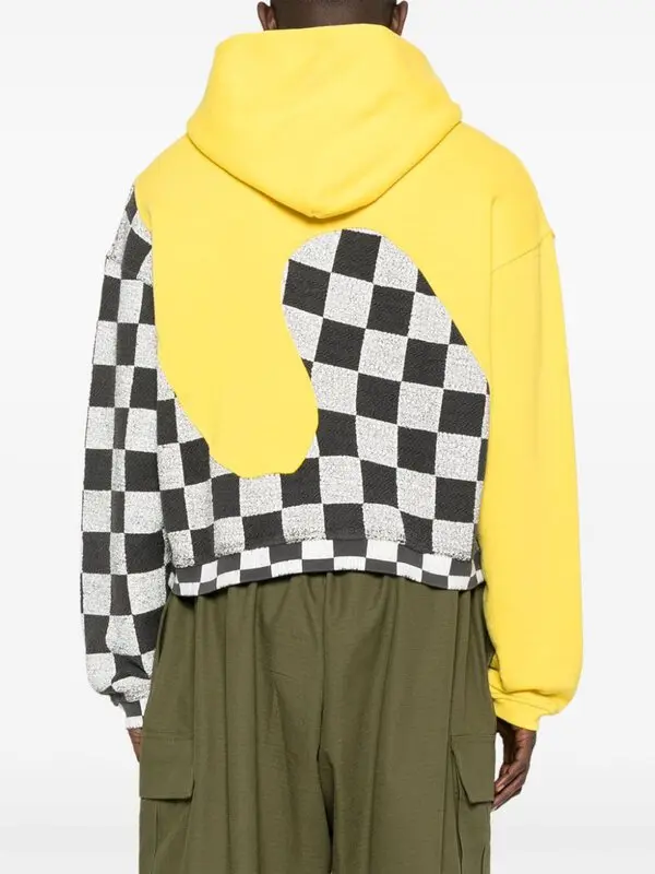 ERL Check-pattern Panelled Cotton Hoodie - Yellow