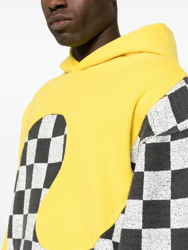 ERL Check-pattern Panelled Cotton Hoodie - Yellow