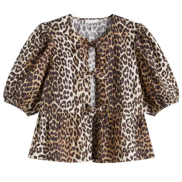 GANNI Printed Cotton Poplin Peplum Blouse - Leopard