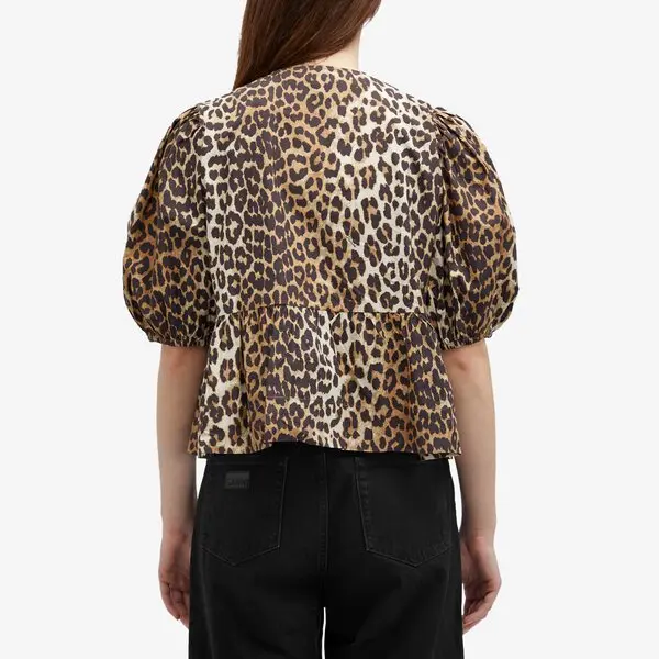 GANNI Printed Cotton Poplin Peplum Blouse - Leopard