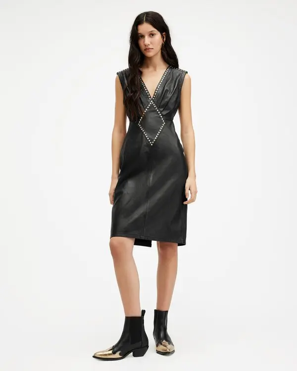 Allsaints Syla Leather Studded Mini Dress - Black | Editorialist