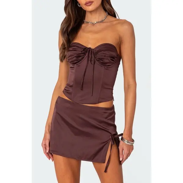 EDIKTED Bea Strapless Satin Corset Top - Brown