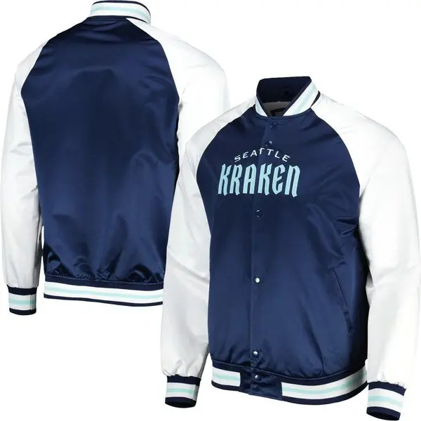 Mitchell & Ness Deep Sea Blue/white Seattle Kraken Primetime Raglan Satin Full-snap Jacket