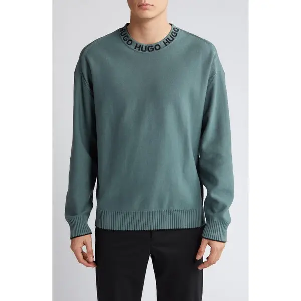 Hugo Smarlo Oversize Logo Collar Crewneck Sweater - Dark Green