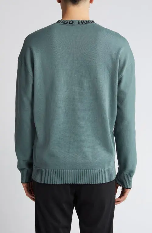 Hugo Smarlo Oversize Logo Collar Crewneck Sweater - Dark Green