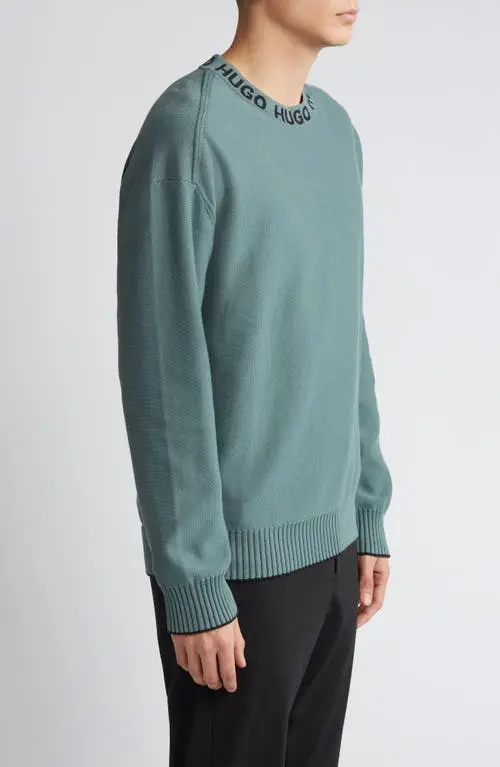 Hugo Smarlo Oversize Logo Collar Crewneck Sweater - Dark Green