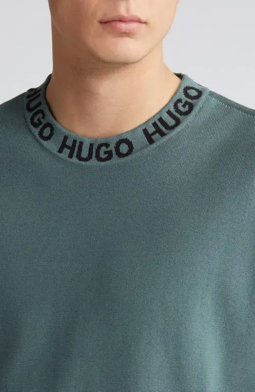 Hugo Smarlo Oversize Logo Collar Crewneck Sweater - Dark Green
