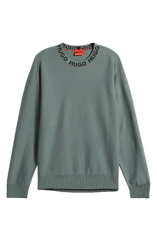 Hugo Smarlo Oversize Logo Collar Crewneck Sweater - Dark Green