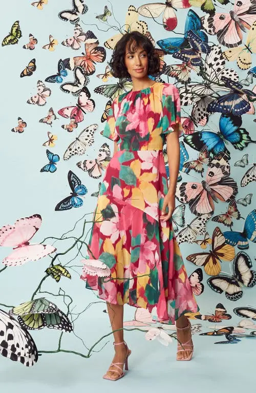 Maggy London Print Flutter Sleeve Midi Dress In Beetroot/Yellow Jacket -  45% Off | Editorialist