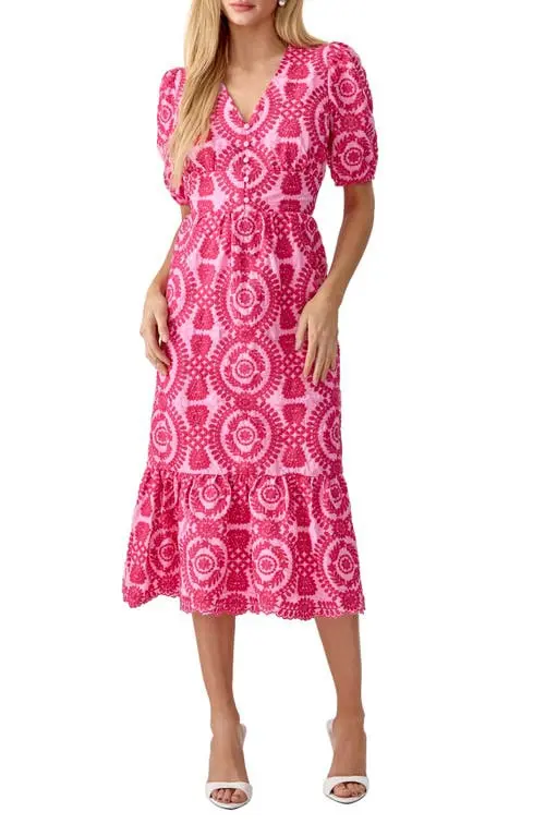 Adelyn Rae Luisa Embroidered Midi Dress In Pink/Magenta - 45% Off |  Editorialist
