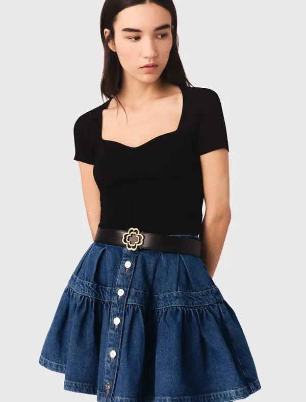 Maje Ribbed Stretch Knit Top With Sweetheart Neckline - Black