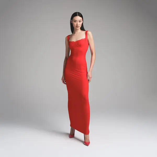 Skims Soft Lounge Lace Long Dress With Bralette - Cherry | Editorialist