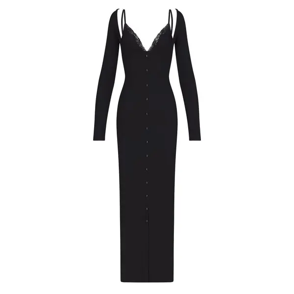 Skims Soft Lounge Lace Long Sleeve Dress With Bralette - Onyx