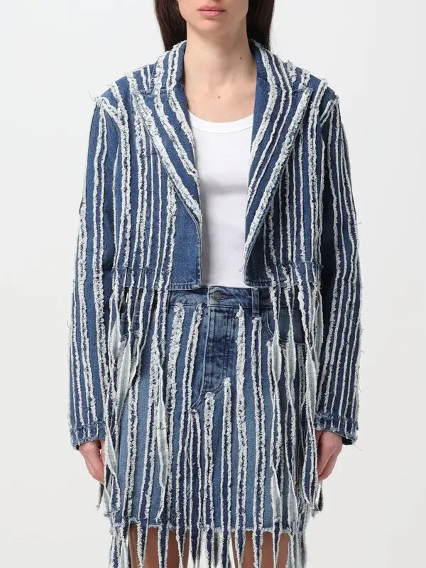 TWINSET Distressed Jacket With Fringe Detail - Denim