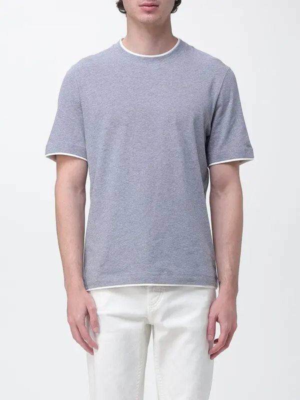 Brunello Cucinelli Crewneck Cotton T-shirt With Contrast Trims - Grey