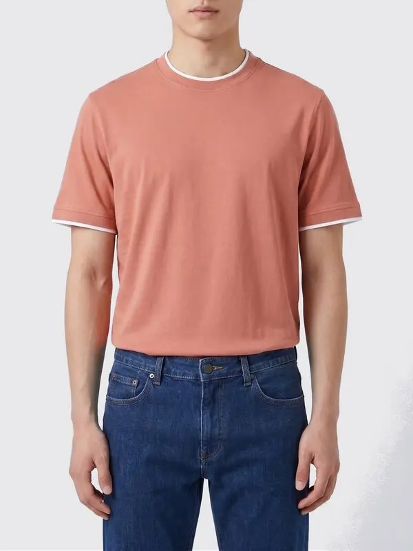 Brunello Cucinelli Crewneck Cotton T-shirt With Contrast Trims - Orange
