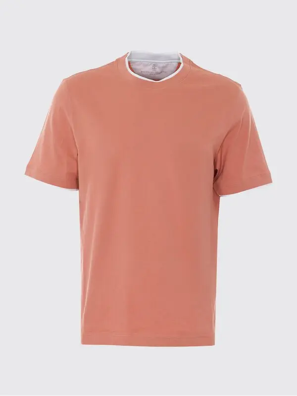 Brunello Cucinelli Crewneck Cotton T-shirt With Contrast Trims - Orange