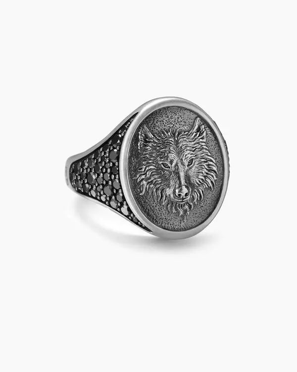 David Yurman Sterling Silver Petrvs Wolf Signet Ring With Black Diamonds - Black Diamond