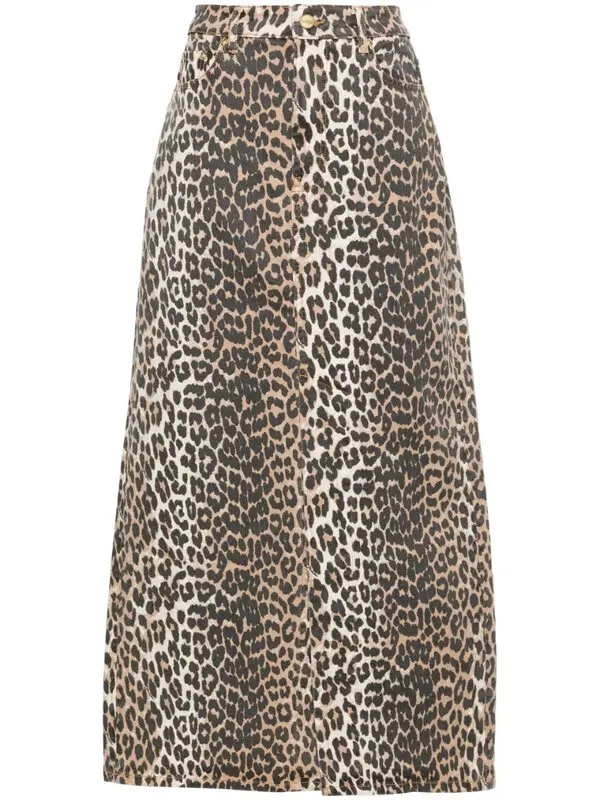 GANNI High-waisted Leopard-print Denim Midi Skirt - Neutrals