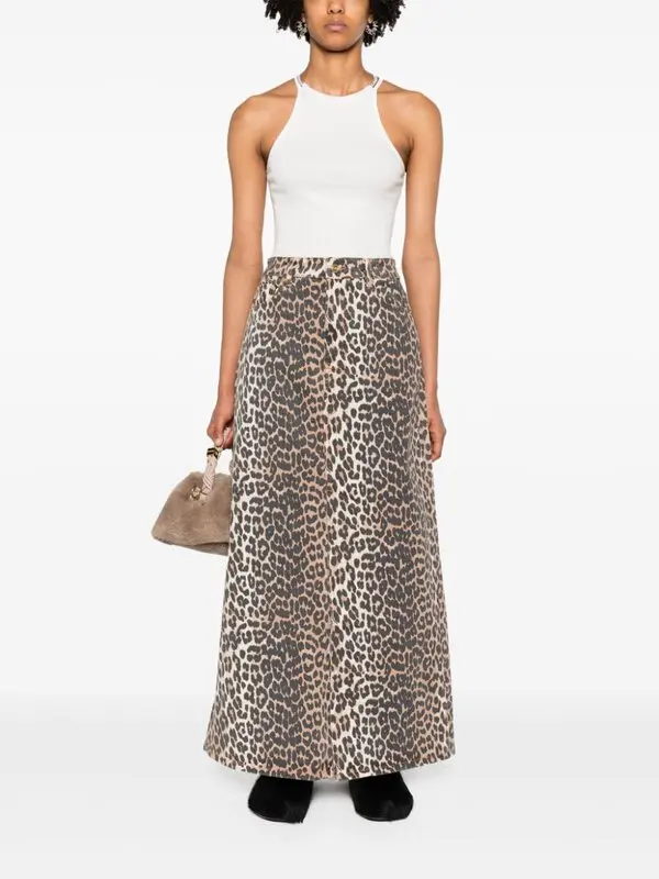 GANNI High-waisted Leopard-print Denim Midi Skirt - Neutrals