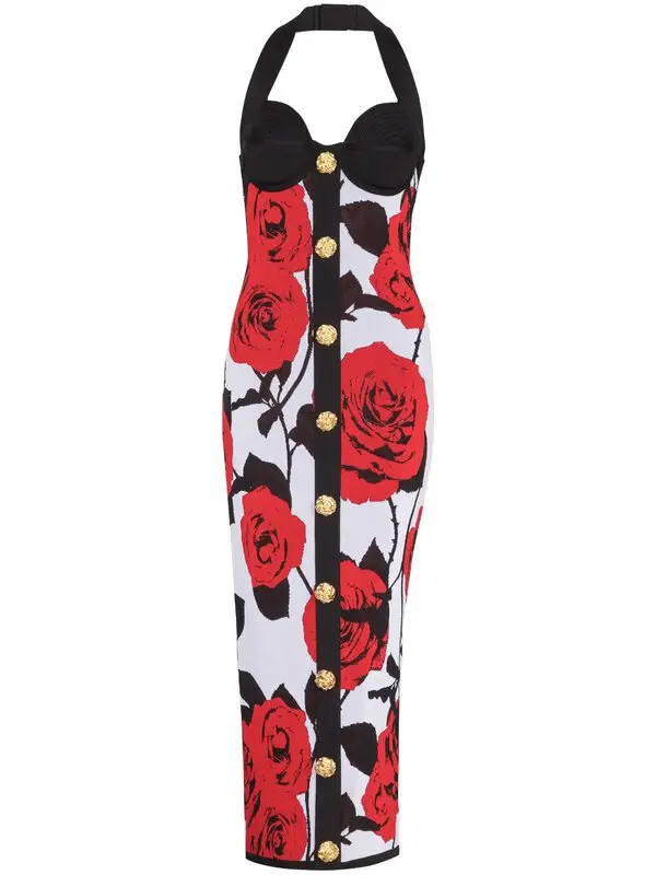 Balmain Floral-jacquard Knit Midi Dress - Black