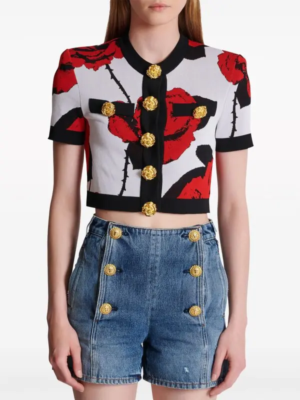 Balmain Floral-jacquard Cropped Cardigan - White