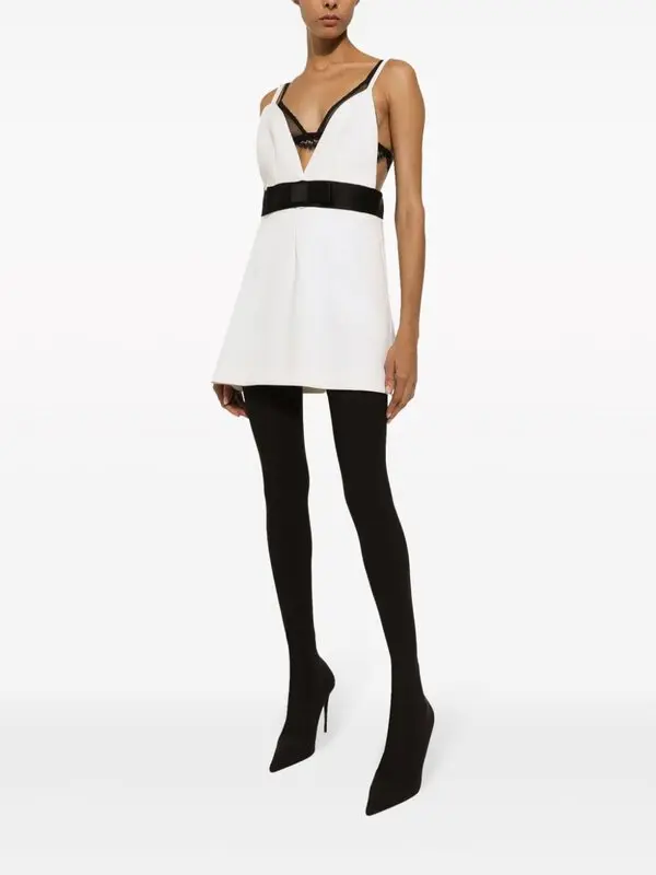Dolce & Gabbana Woolen Dress With Satin Belt In White - 40