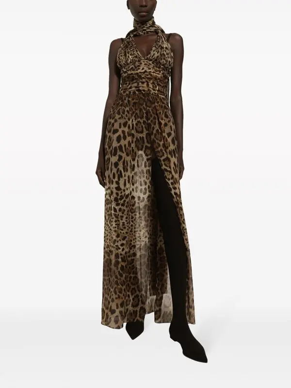 Dolce & Gabbana Leopard-print Halterneck Gown - Brown