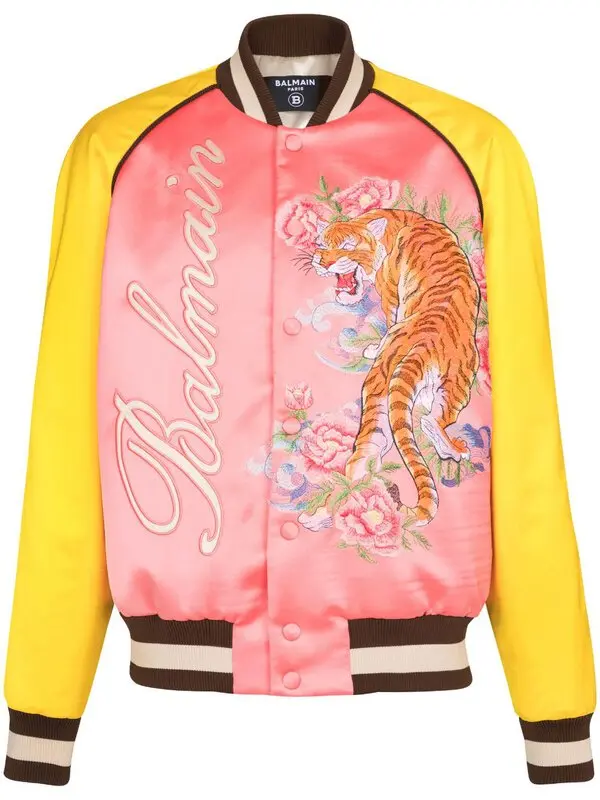 Balmain Tiger-embroidered Satin Bomber Jacket