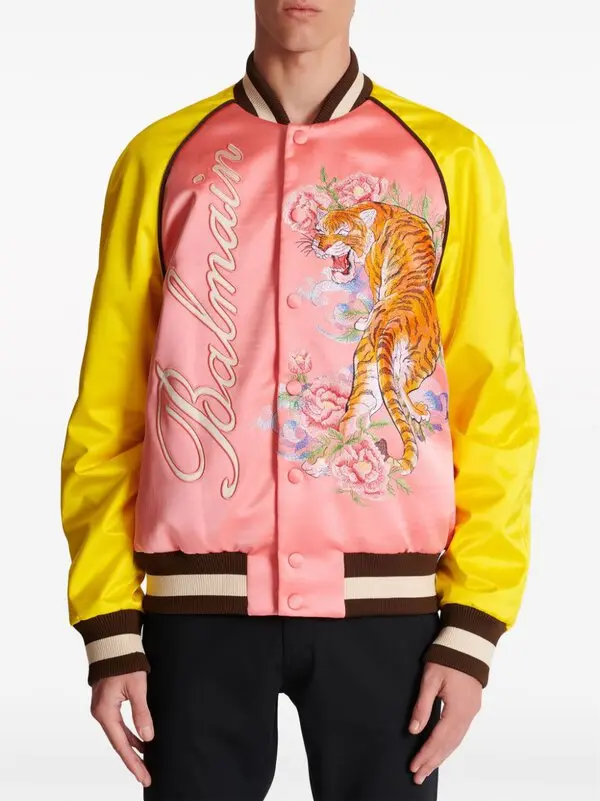 Balmain Tiger-embroidered Satin Bomber Jacket