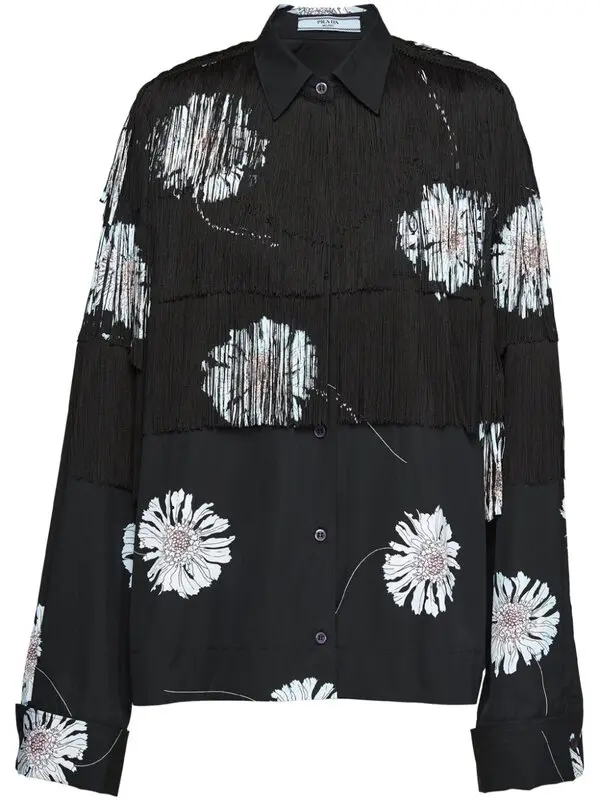 Prada Floral-print Fringed Shirt - Black