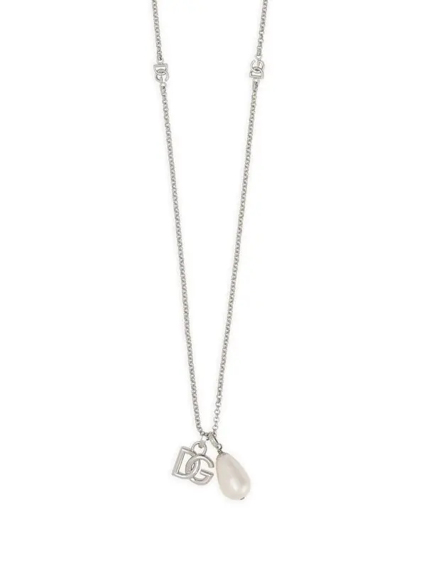 Dolce & Gabbana Logo And Pearl Pendant Necklace - Silver
