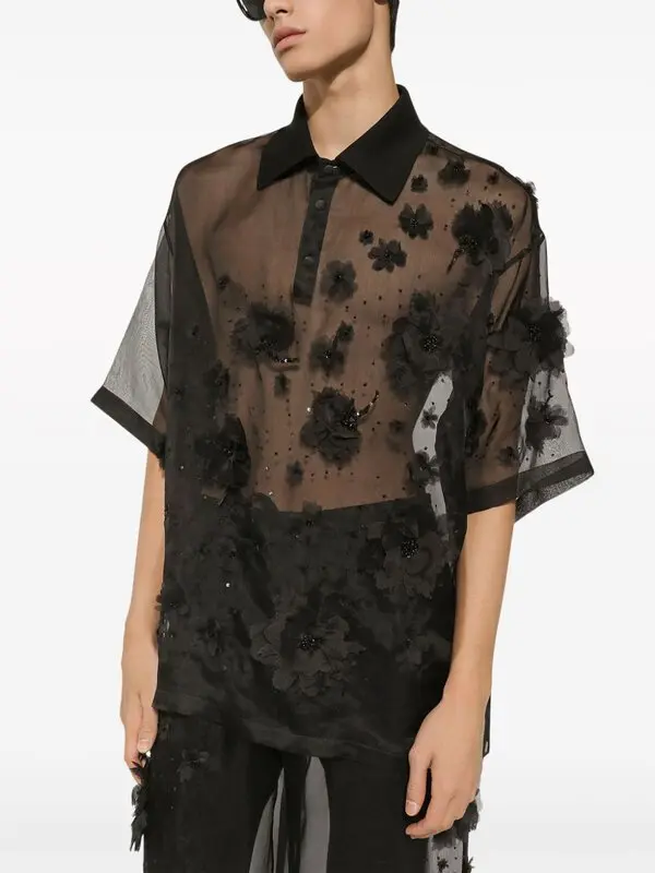 Dolce & Gabbana Floral-appliqué Sheer Polo Shirt