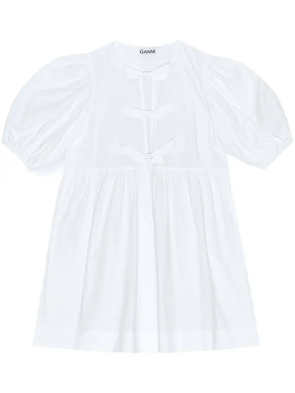 GANNI Poplin Tie String Mini Dress - White