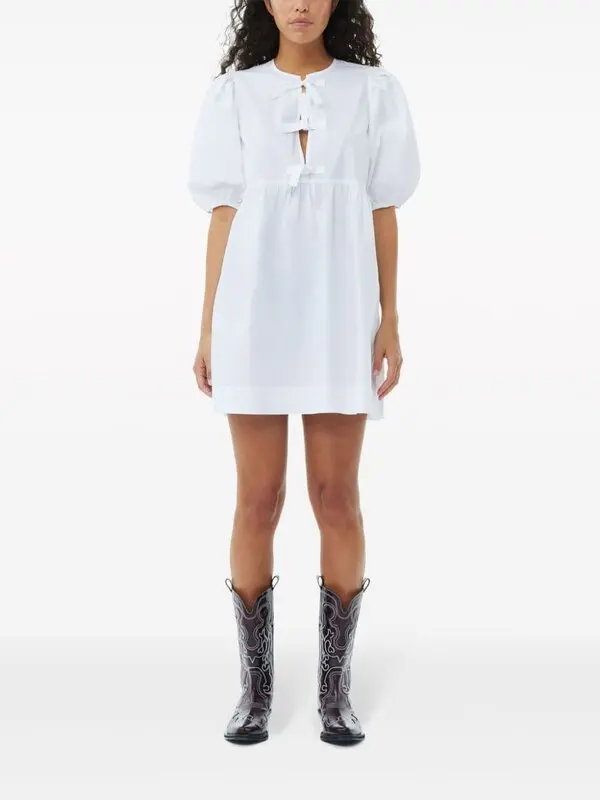 GANNI Poplin Tie String Mini Dress - White