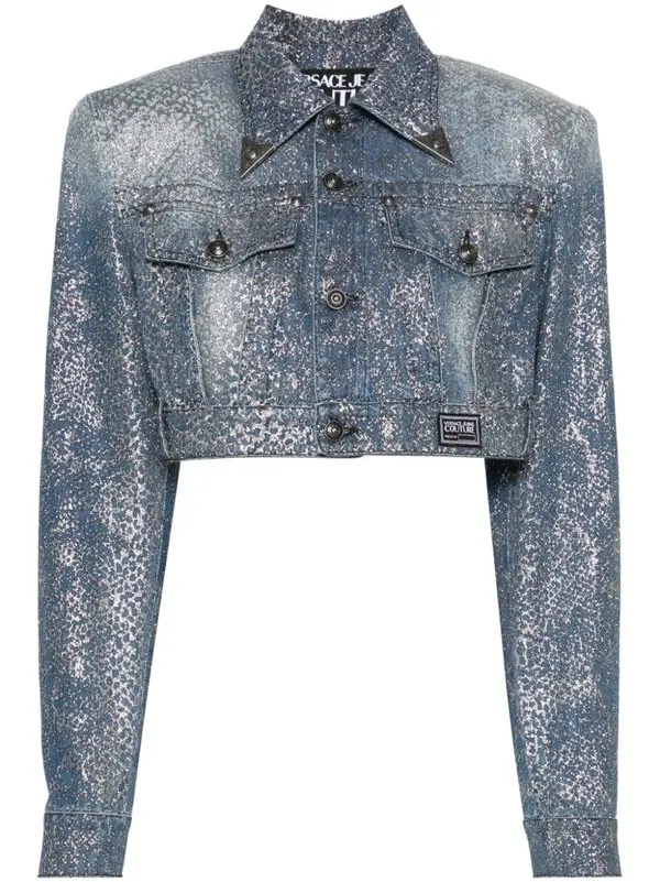 Versace Animalier Cropped Denim Jacket - Blue