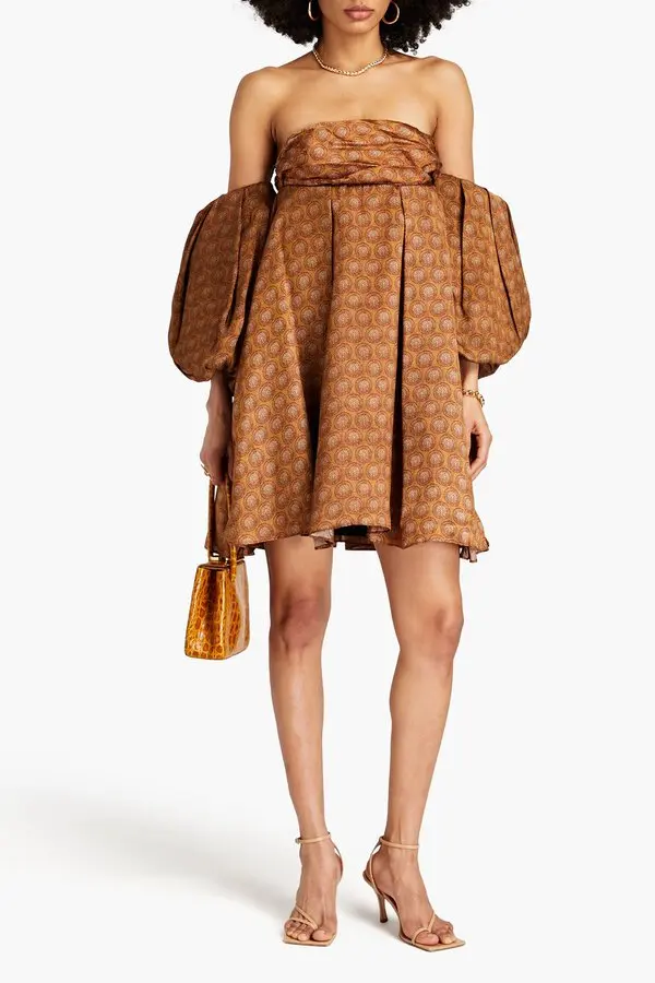 Khaite Katerina Off-The-Shoulder Printed Satin-Twill Mini Dress In Light  Brown - 70% Off | Editorialist