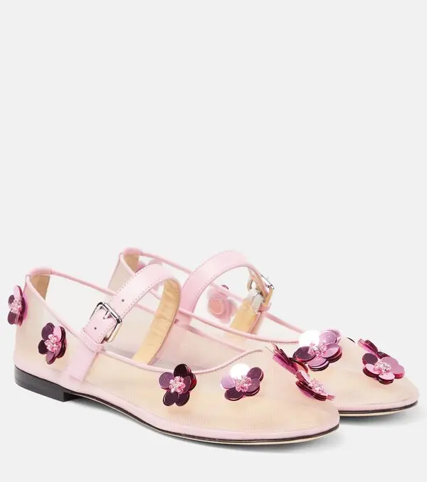 Mach & Mach Sequined Leather-trimmed Mary Jane Flats - Pink