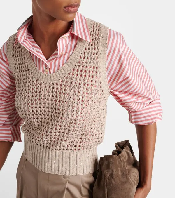 Brunello Cucinelli Sequined Open-knit Vest - Beige