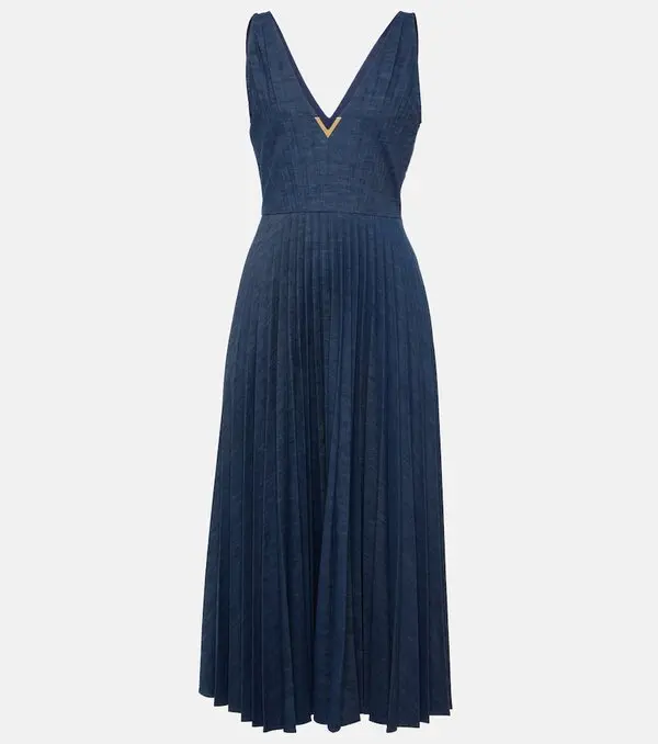Valentino Garavani Vgold Plissé Chambray Maxi Dress
