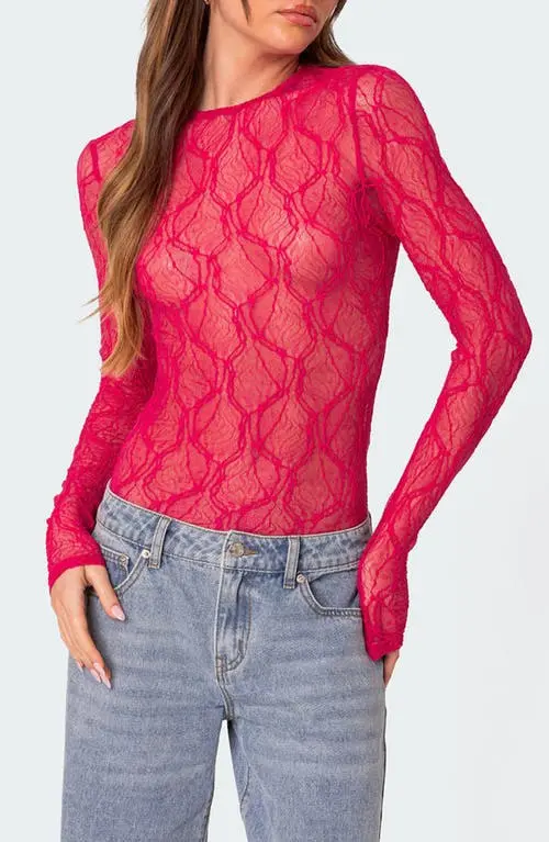 EDIKTED Lina Sheer Lace Long Sleeve Bodysuit