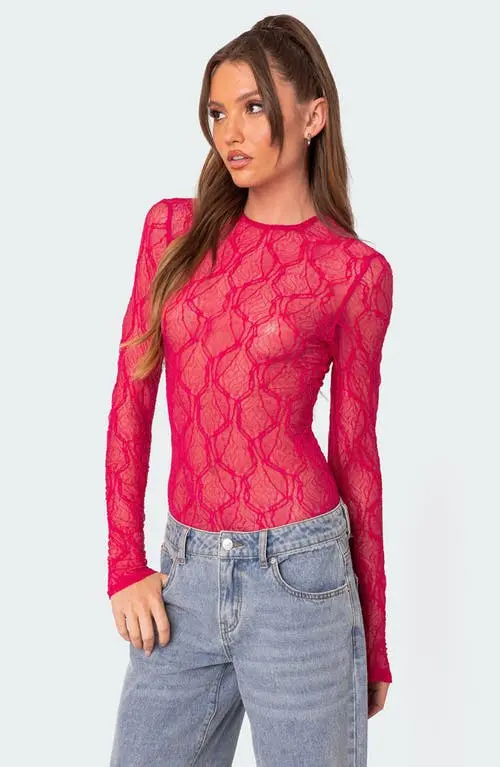 EDIKTED Lina Sheer Lace Long Sleeve Bodysuit