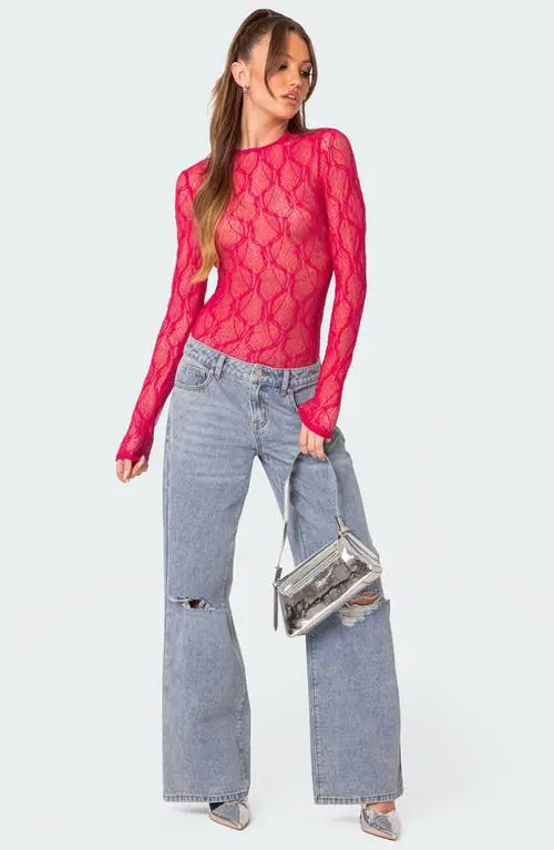 EDIKTED Lina Sheer Lace Long Sleeve Bodysuit