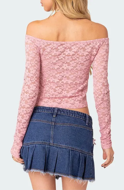 EDIKTED Carolina Lace Off The Shoulder Top - Pink