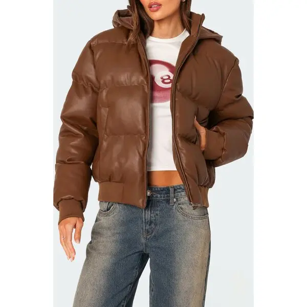 EDIKTED Faux Leather Hooded Puffer Jacket