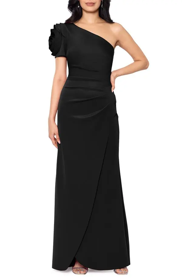 Xscape Evenings Rosette Detail One-Shoulder Sheath Gown - Black |  Editorialist